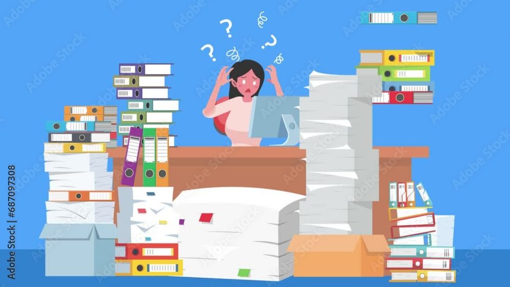 Overwhelmed Employee at office with a lot of Document and Work. The ...