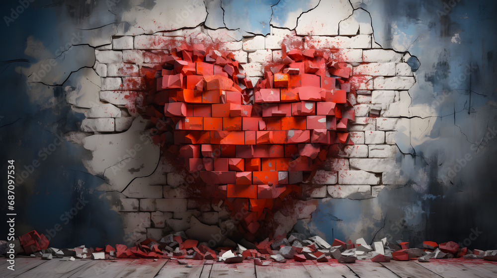 Heart isolated against a brick wall background, crumbling bricks, heart ...