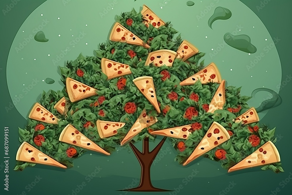 Fantastical tree bearing pizza slices, blending culinary delight with ...