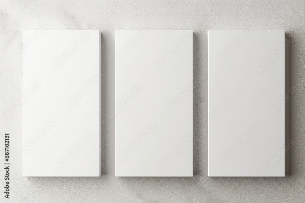 Three empty white vertical rectangle poster mockups. Flat lay, top view ...