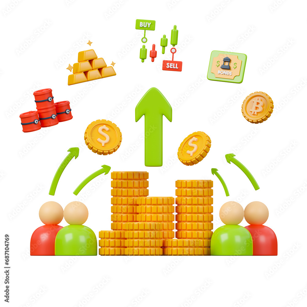 Concept of mutual fund 3d render. People icons with stack of dollar ...