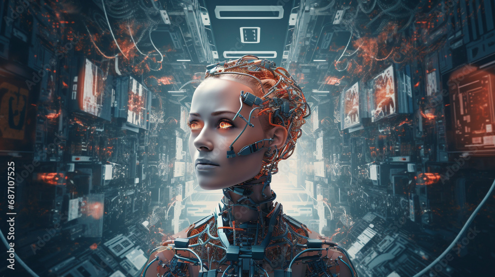 a woman that is connected to AI and cyborg technology in the future ...
