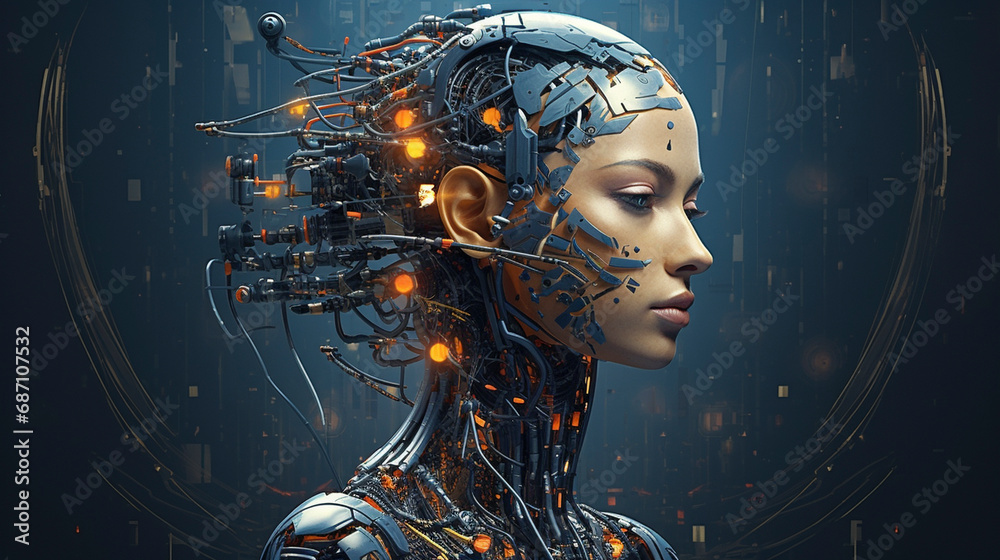 a woman that is connected to AI and cyborg technology in the future ...