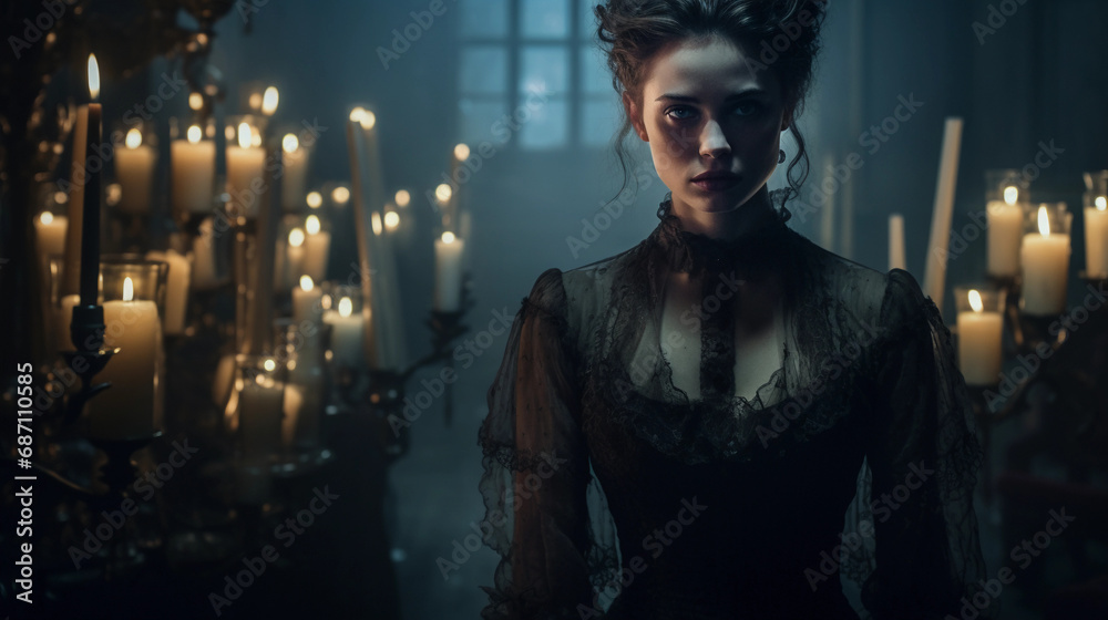 Gothic horror portrait, Victorian attire, ghostly pale skin, somber ...