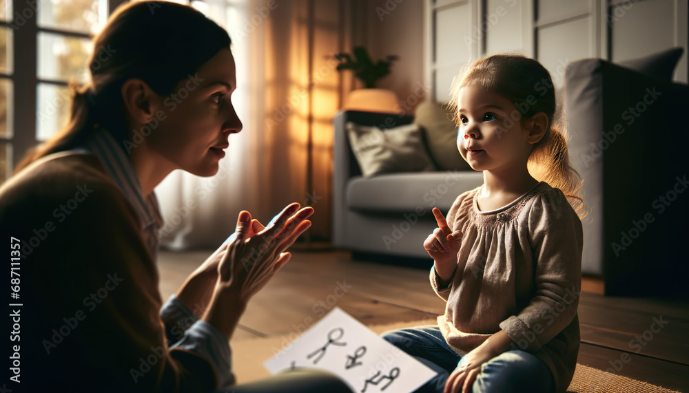 A mother teaches sign language to her young child. One of the best ways ...