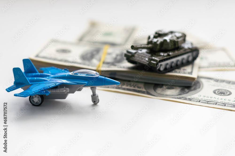 The main battle tank on US dollar bill banknotes background. U.S.A. and ...