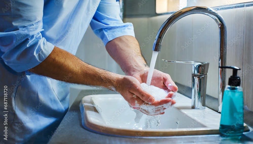 Un doctor, médico o cirujano lavándose las manos con jabón y agua del ...