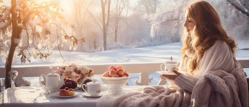Beautiful woman, girl have a morning breakfast on winter snowy terrace ...