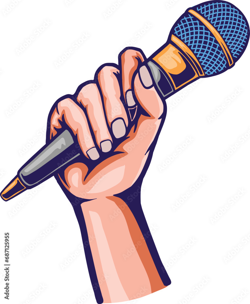 A fist hand holding a microphone or mic in cartoon style isolated on ...