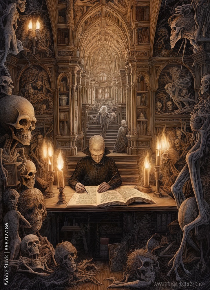 Ancient engraving of a sorcerer or magician studying magic spells in ...