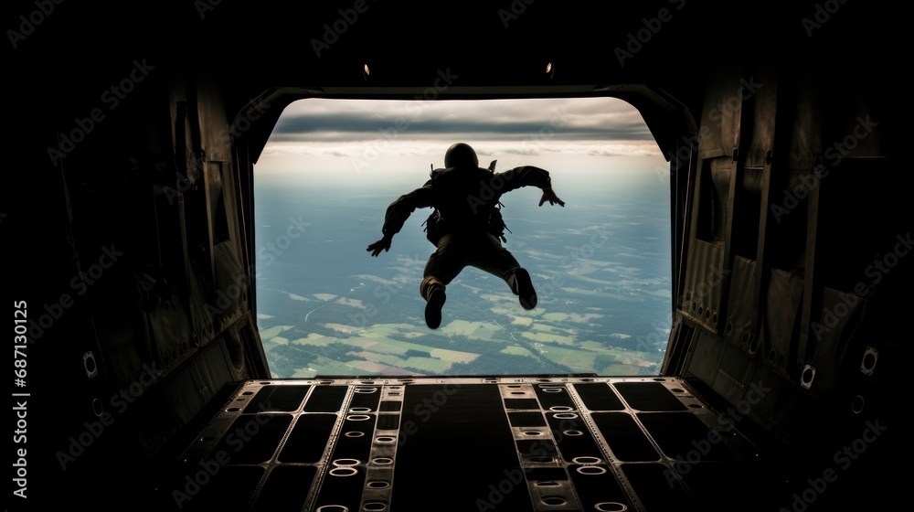 Airborne soldier with parachute on back jumps out of plane at sunrise ...