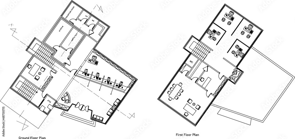 Vector sketch illustration of architectural design for a modern minimalist house building plan ...