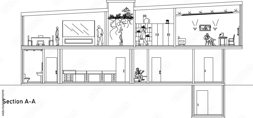 Vector sketch illustration of the architectural design of a modern minimalist house building ...
