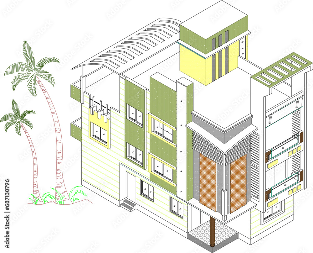Vector sketch illustration of modern house building perspective ...