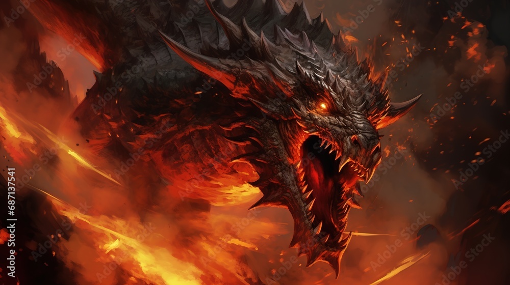 the dragon attacking with fire, fire dragon, extreme angle, highly ...