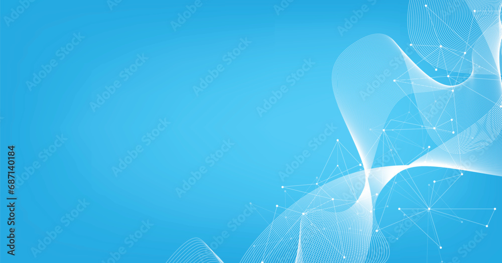 Lines connected to dots on blue background. Internet network connection ...