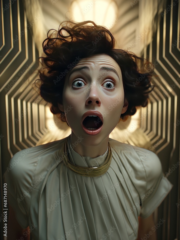 a woman with big eyes looking scared in front of him, mouth wide open ...