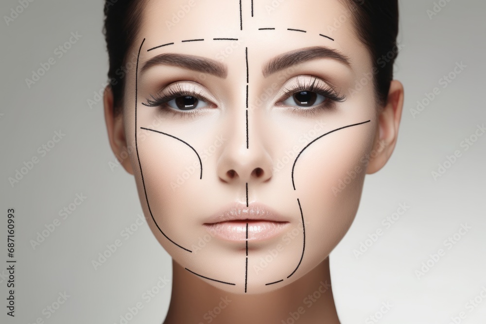 A young woman with black marker lines on her face, preparing for ...
