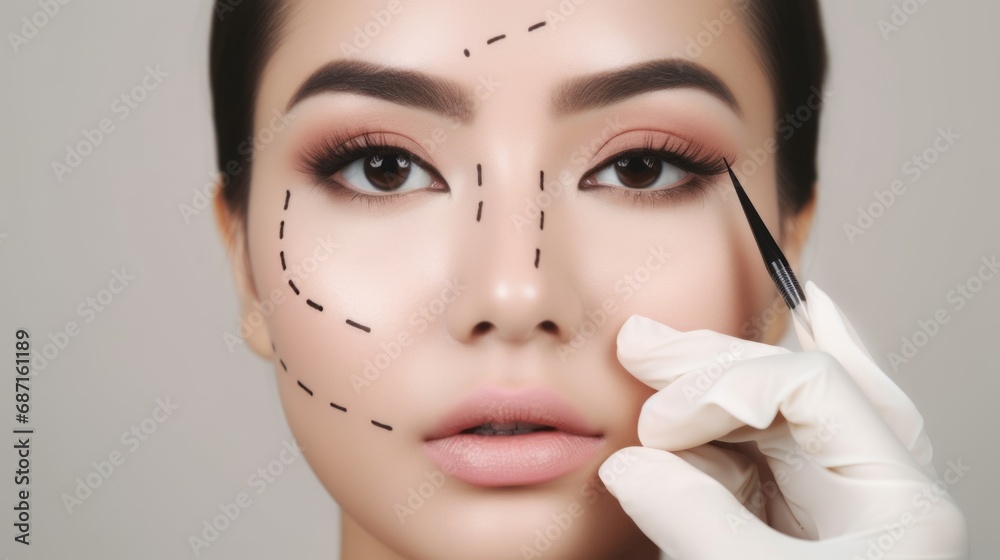 A young woman with black marker lines on her face, preparing for ...