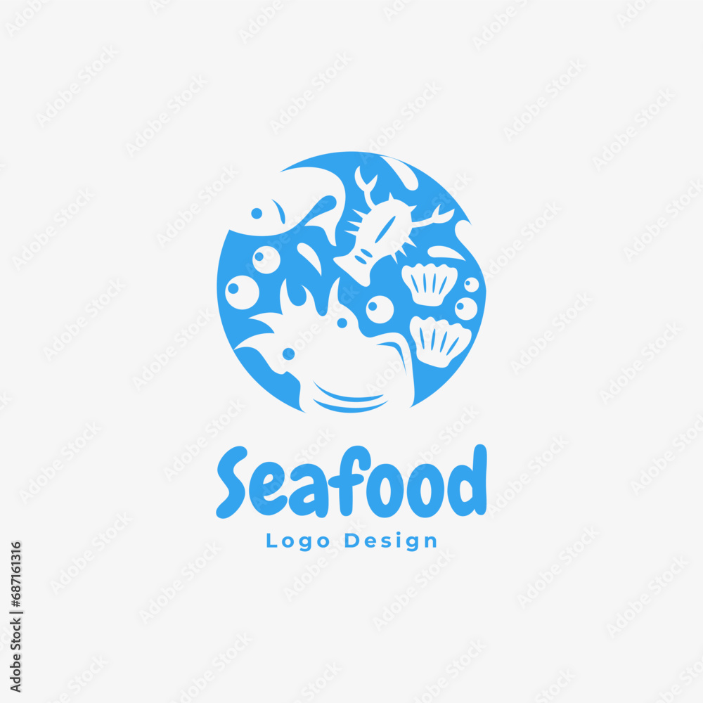 Seafood logo design. icon images of marine animals squid, shrimp, fish ...