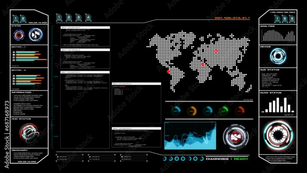 4k animation ui user interface with world map data hud pi bar text box ...