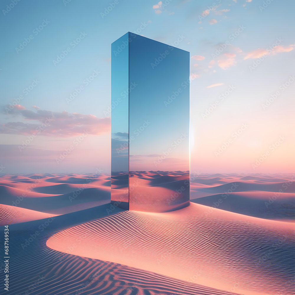 mirror monolith standing in the desert, rectangle shape mirror desert ...