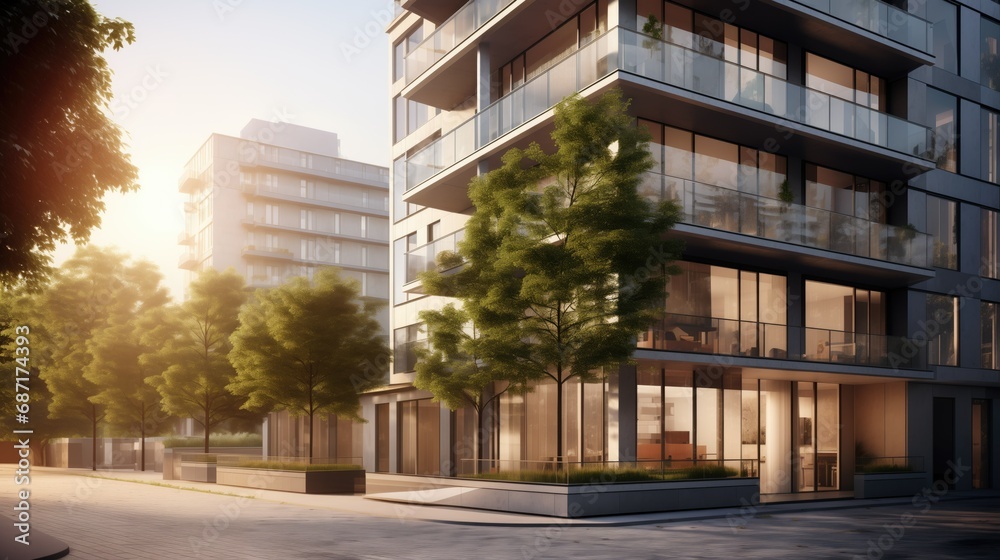 Modern urban apartment block with sleek design, glass, concrete, and ...