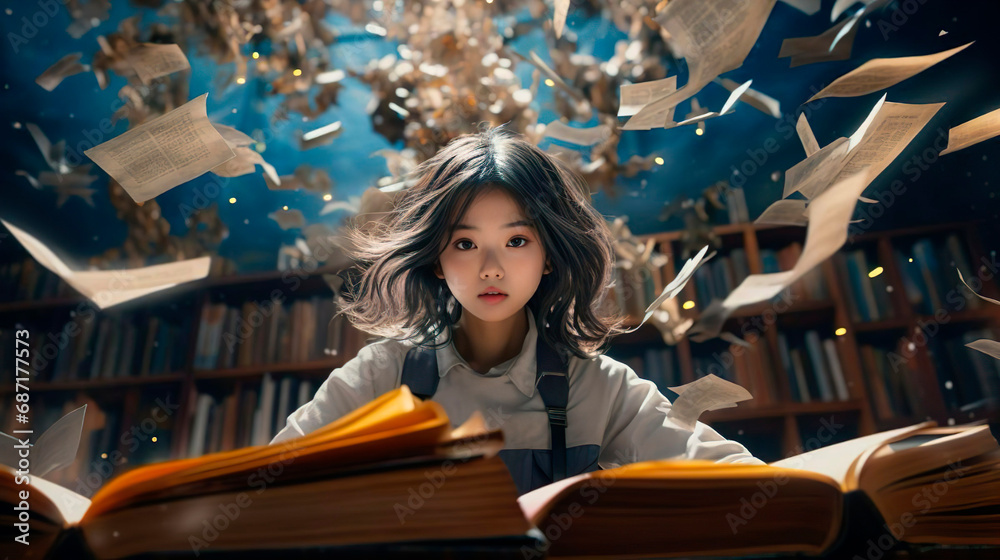 Surprised Asian school student with floating flying levitating books ...