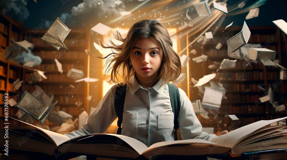 Fantasy girl pupil studying learning for passing exams, education ...