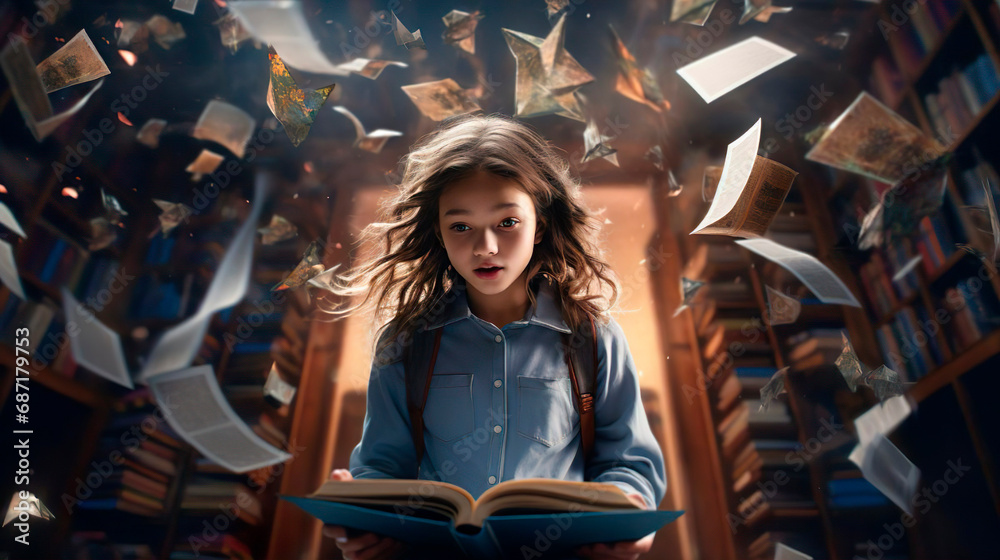 Surprised girl pupil student with floating flying levitating books in ...