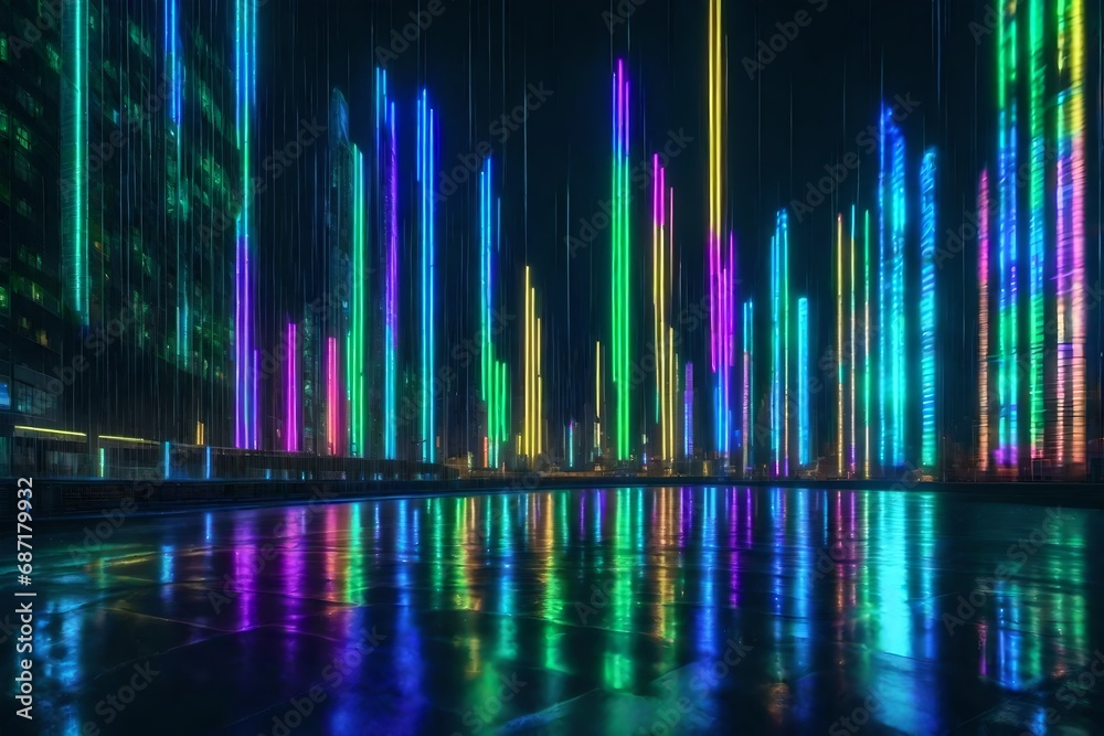 Matrix Neon lights Rain Futuristic architecture Busy city at ...