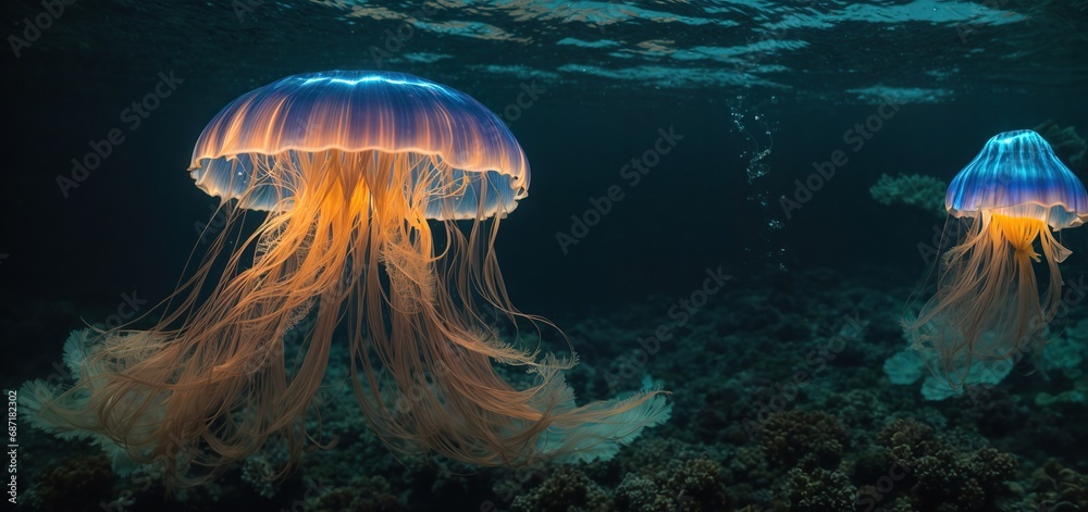 jelly fish in the aquarium. a bioluminescent jellyfish as it lights up ...