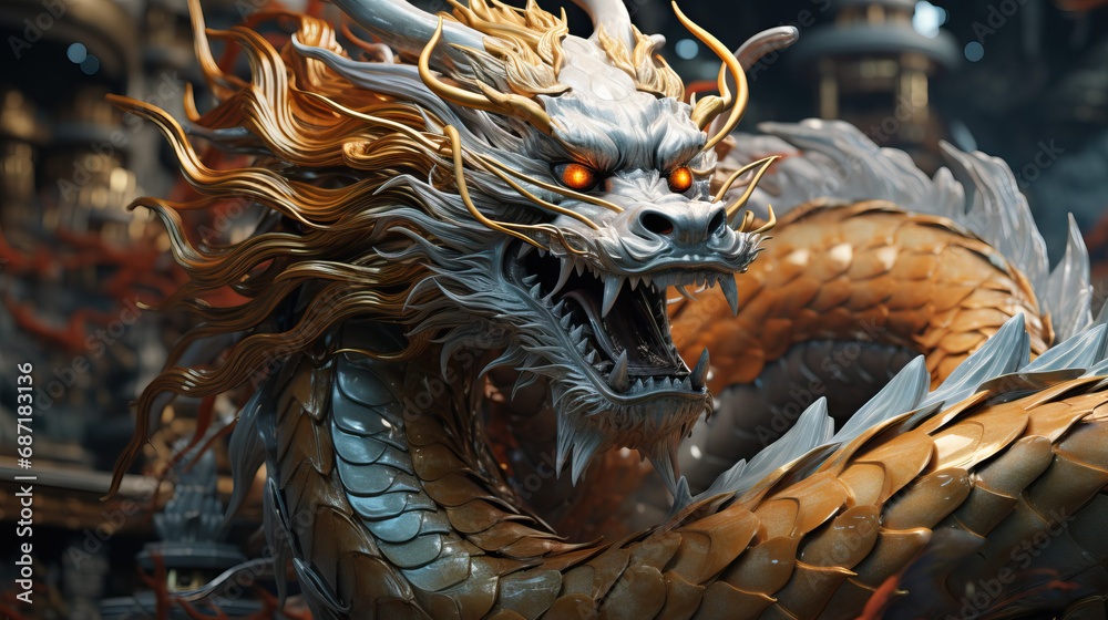 Golden dragon statue head for the Year of the Dragon. Concept of ...