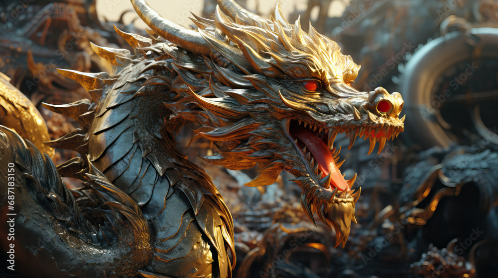 Golden dragon statue head for the Year of the Dragon. Concept of ...