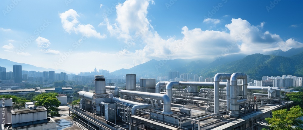 A high-rise building's roof is equipped with a ventilation duct system ...