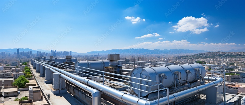 A high-rise building's roof is equipped with a ventilation duct system ...