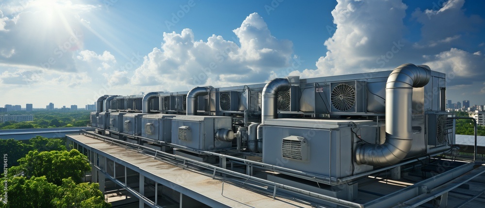 A high-rise building's roof is equipped with a ventilation duct system ...