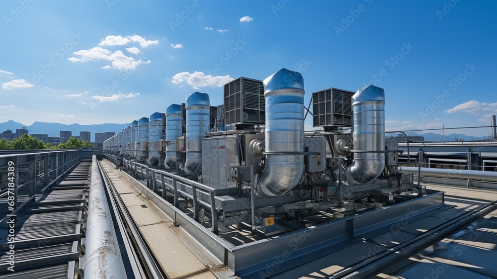 A high-rise building's roof is equipped with a ventilation duct system ...