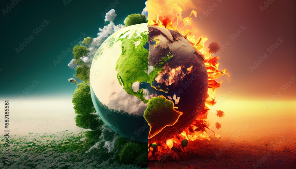 Planet Earth, part on fire and melting, concept of ecology problems ...