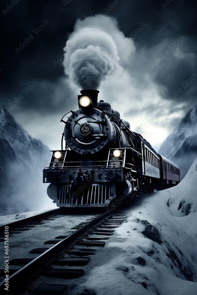 Foto de Historic steam locomotive. Old vintage red train ride in the ...