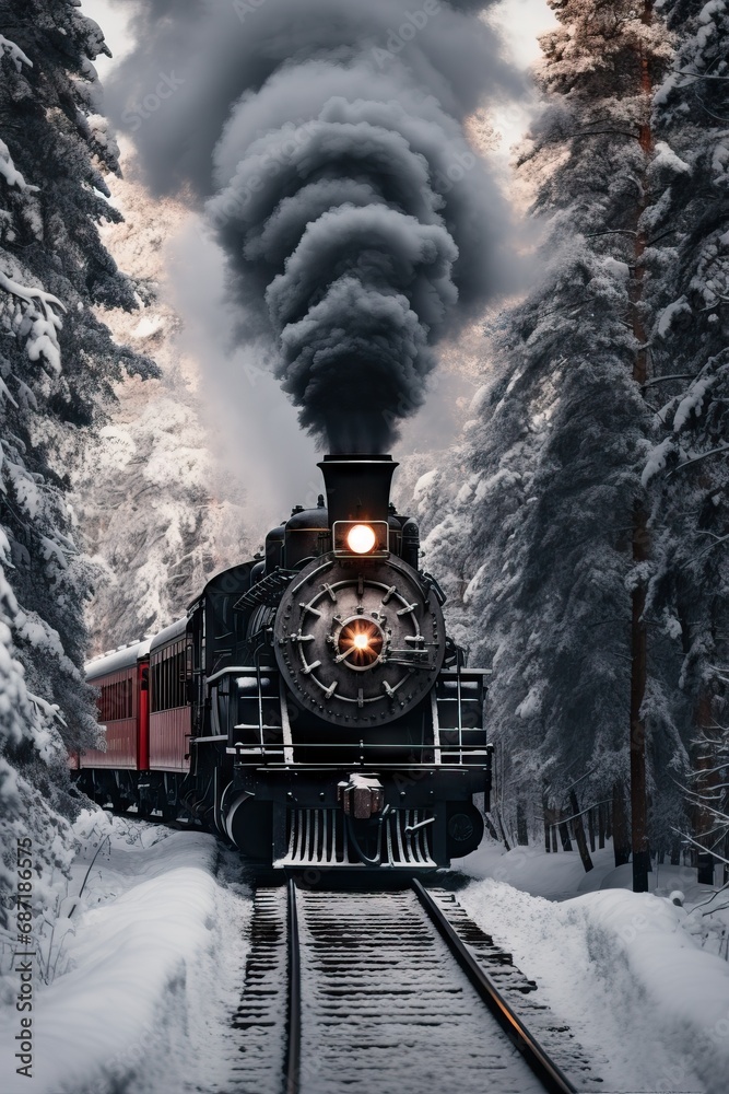 Historic steam locomotive. Old vintage red train ride in the snowy ...
