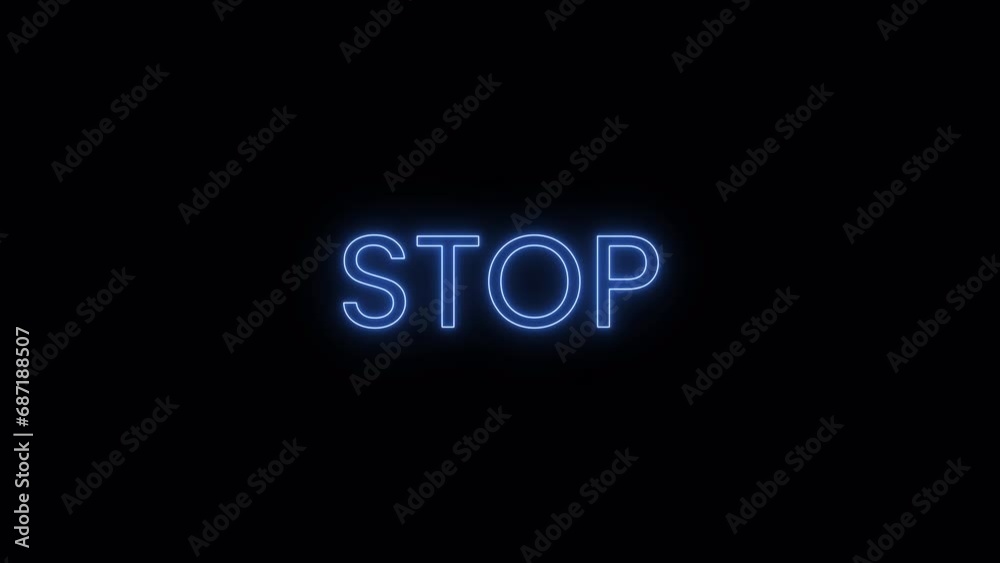 Blue neon "Stop" sign with flicker on a transparent background. Stop ...