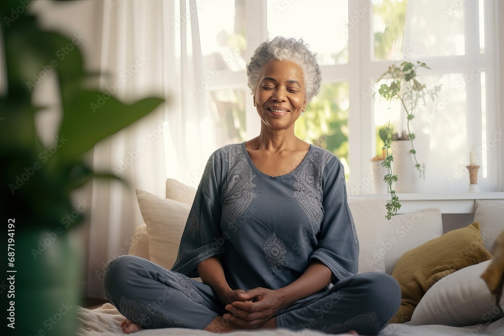 Relaxing the mind and finding inner peace with yoga: Senior woman ...