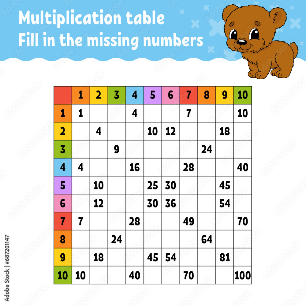Paste the missing numbers. Learning multiplication table. Handwriting ...