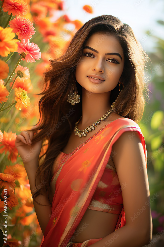 indian super model with traditional saree , smiling in a heavenly ...