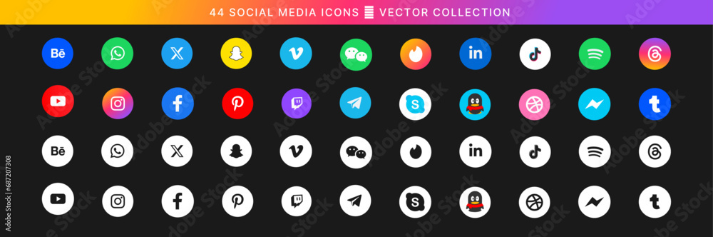 44 Popular Social Media Icons - Vector Collection. Colorful and Black ...