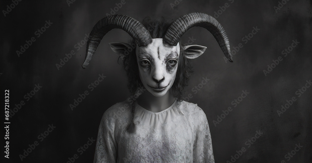 Studio portrait of a woman wearing a macabre mask. A mythical creature ...