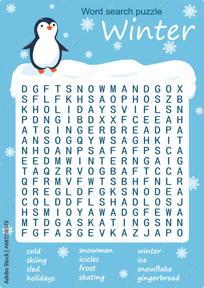 Winter word search puzzle. Game for learning English. Printable ...