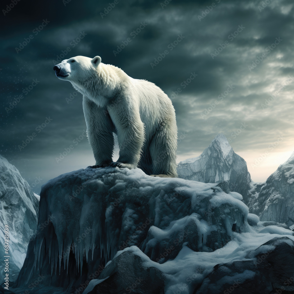 Huge polar bear, climbed on an icy rock at the north pole, concept of ...