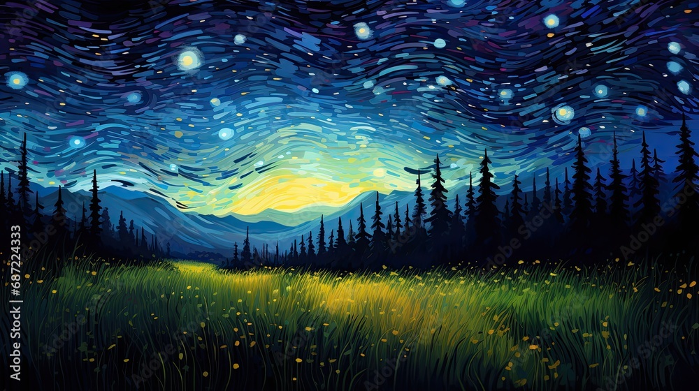 Starry sky with fireflies in style of Van Gogh oil painting Stock ...